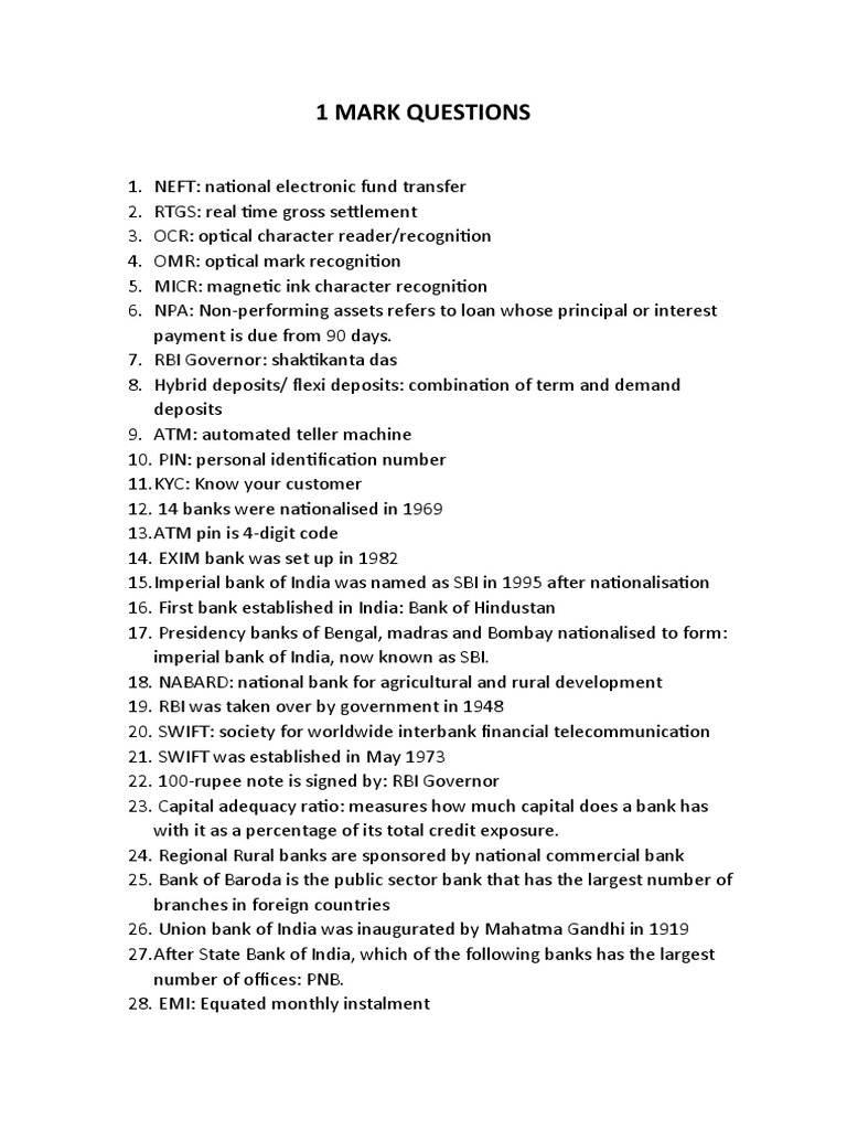 Banking 1 MARK QUESTIONS | PDF | Reserve Bank Of India | Banks
