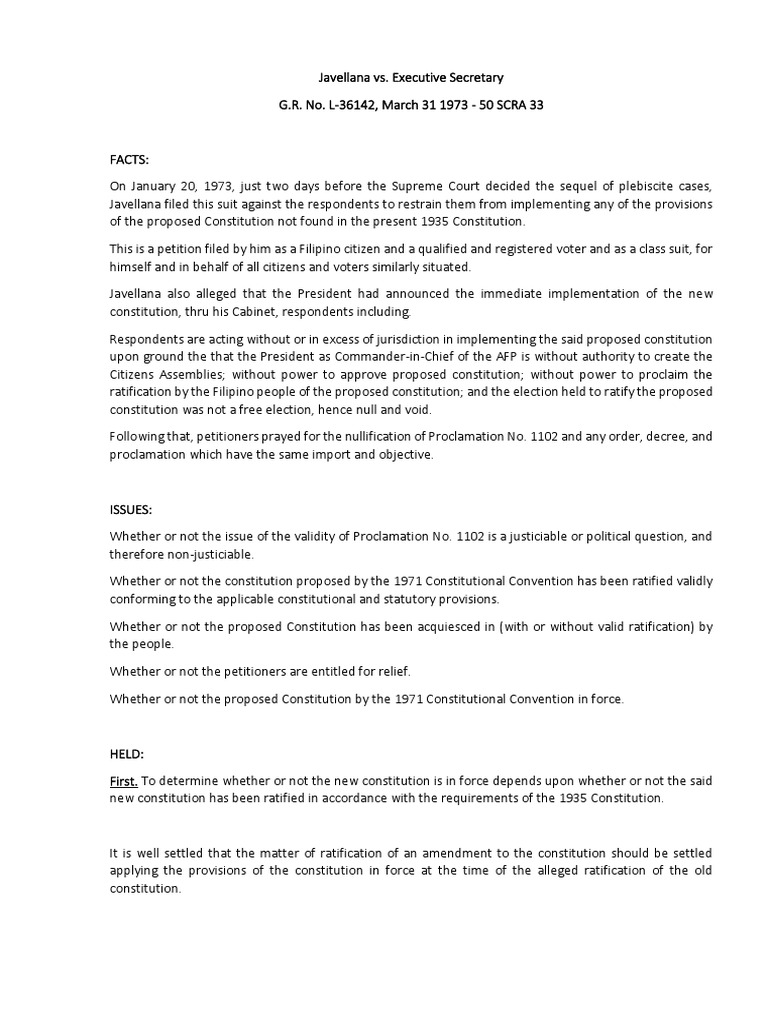 10 - Javellana Vs Executive Secretary | Download Free PDF | Ratification | Constitution