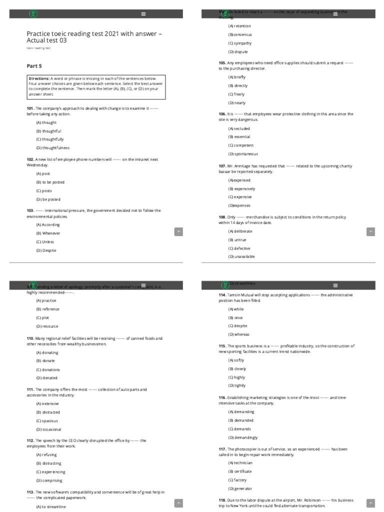 Practice Toeic Reading Test 2021 03 - Tests + Answer | PDF | Airport