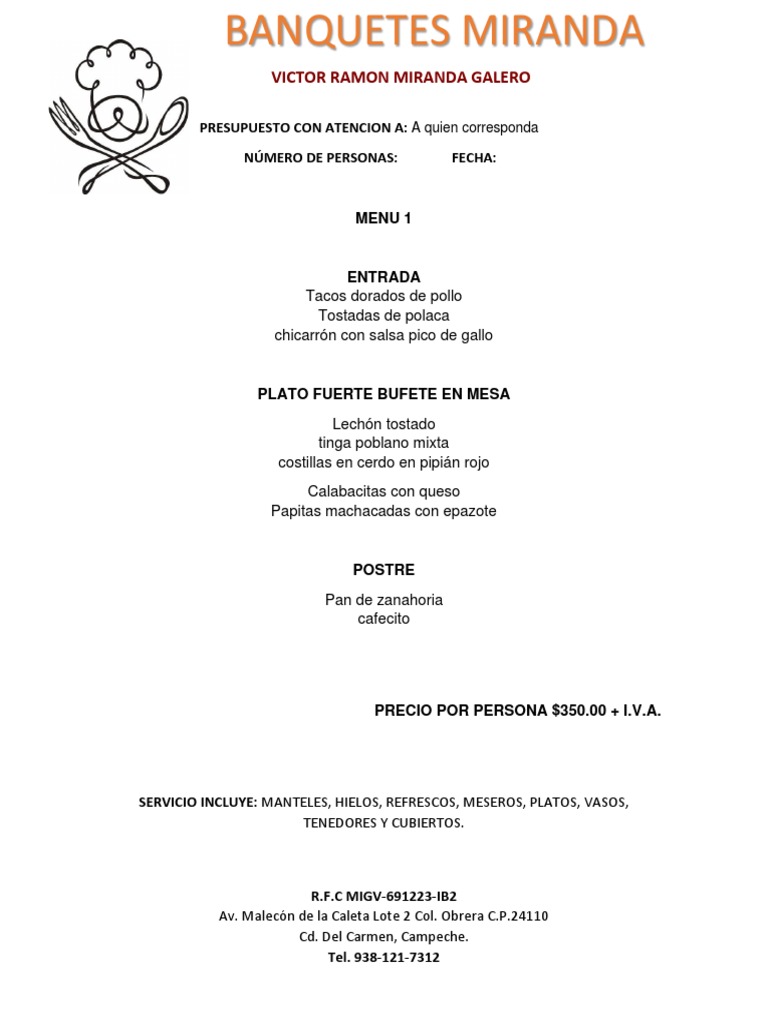 Menu Banquetes Miranda | PDF