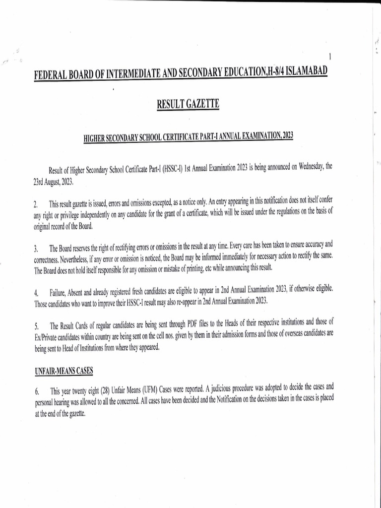 FBISE Gazette HSSC I 1st A 2023 | PDF