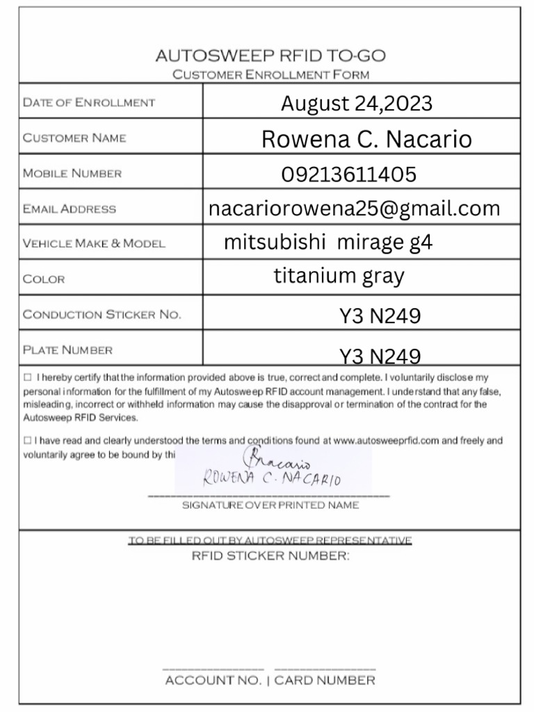 Autosweep Rfid To-Go Form | PDF
