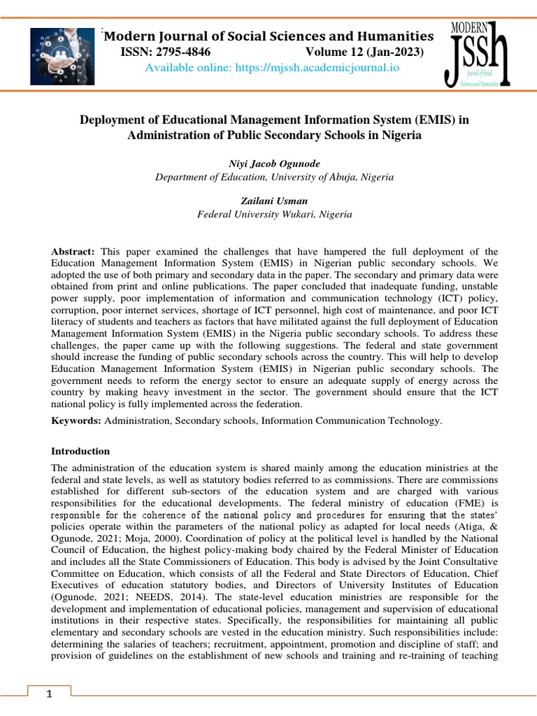 Deployment of Educational Management Information System (EMIS) in Administration of Public ...