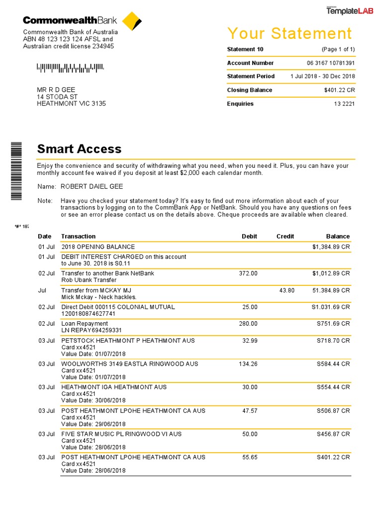 9commonweath Bank Statement TemplateLab - Com | PDF | Debit Card | Banks