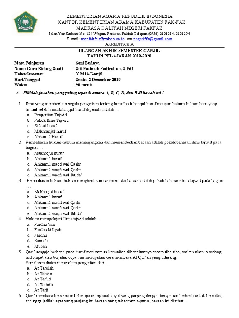 Soal Seni Budaya Kelas X Ganjil | PDF