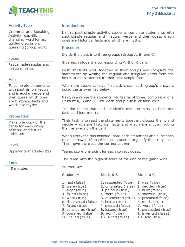 Mythbusters - Past Simple B2 | PDF