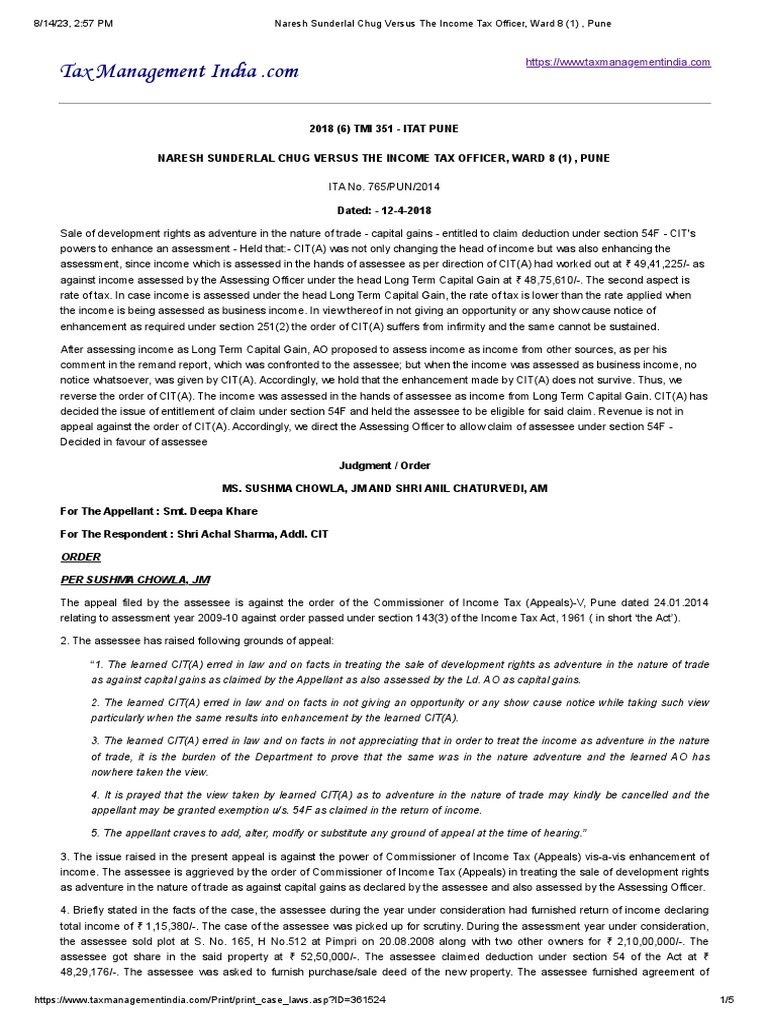 Naresh Sunderlal Chug Versus The Income Tax Officer, Ward 8 (1), Pune | PDF | Capital Gain | Tax ...