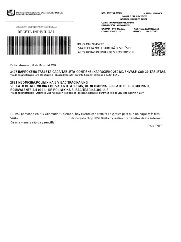 Receta IMSS: Naproxeno y Neomicina | PDF