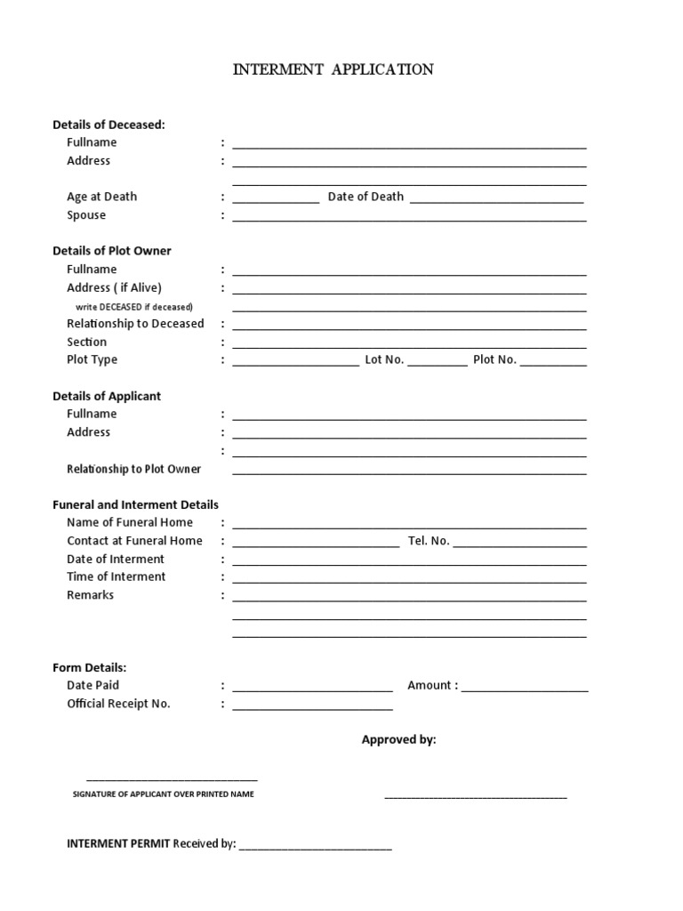 Form Intermentapplication | PDF | Burial | Social Conventions