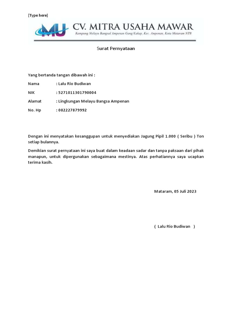 Contoh Surat Pernyataan Kesanggupan | PDF