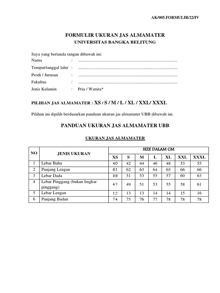 Formulir Ukuran Jas Almamater | PDF
