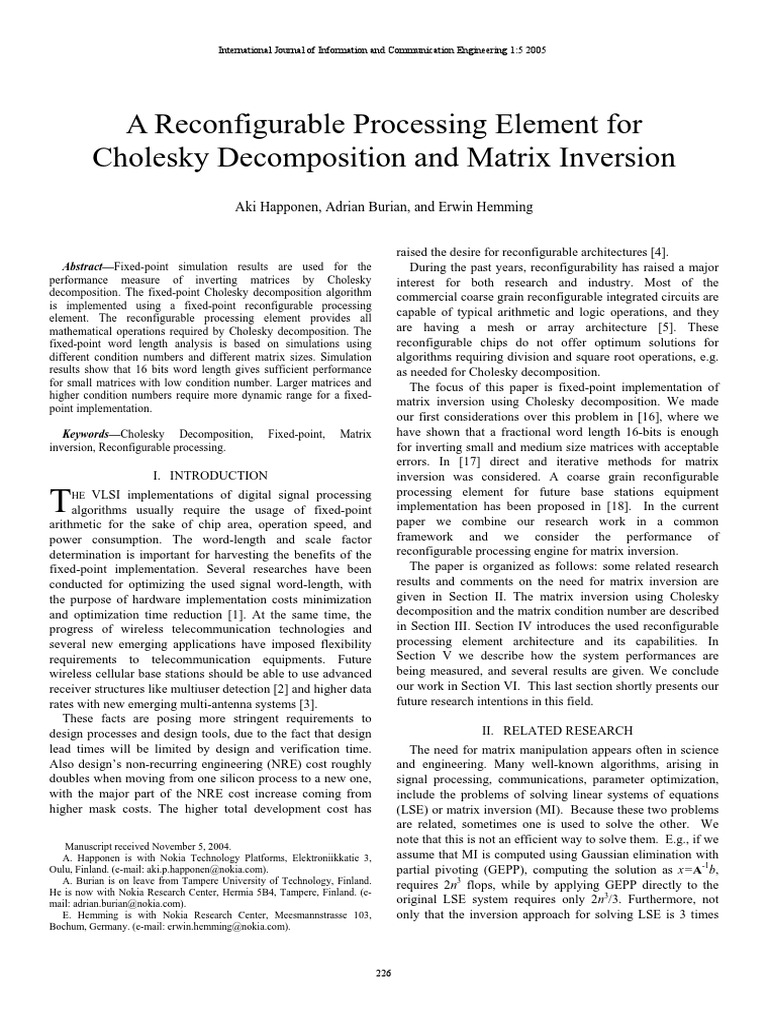 Cholesky Decomposition Algorithm Using Matrix Inversion For DSP | PDF