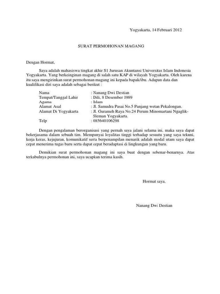 Contoh Surat Permohonan Magang Pdf