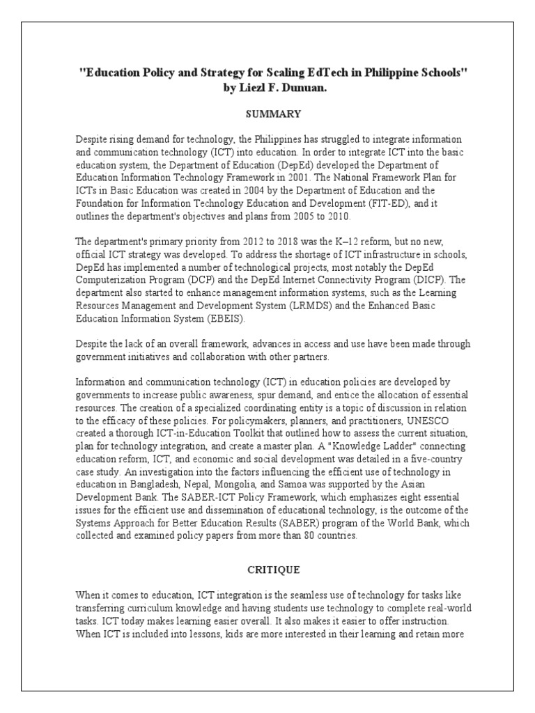 "Education Policy and Strategy For Scaling EdTech in Philippine Schools" by Liezl F. Dunuan ...