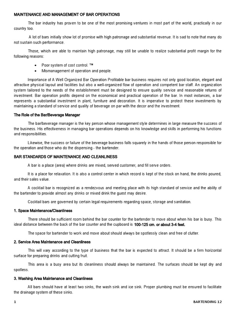 Maintenance and Management of Bar Operations | PDF