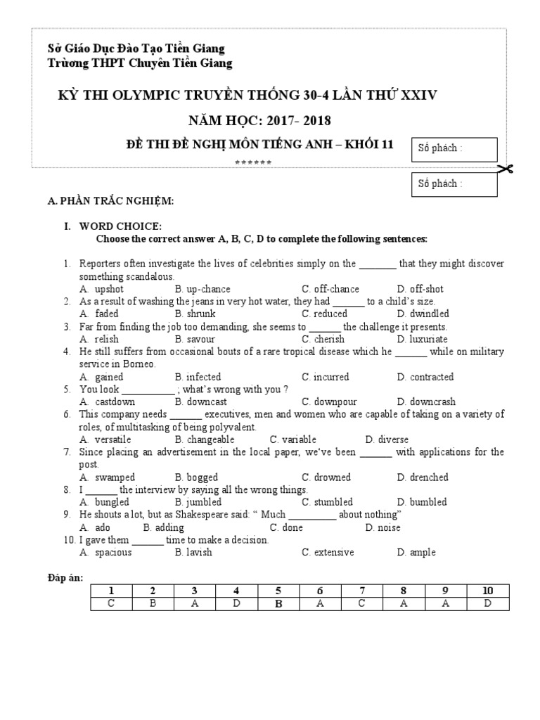 Đề Thi Olympic HSG Lớp 11 With Key | PDF | Higgs Boson | Matter