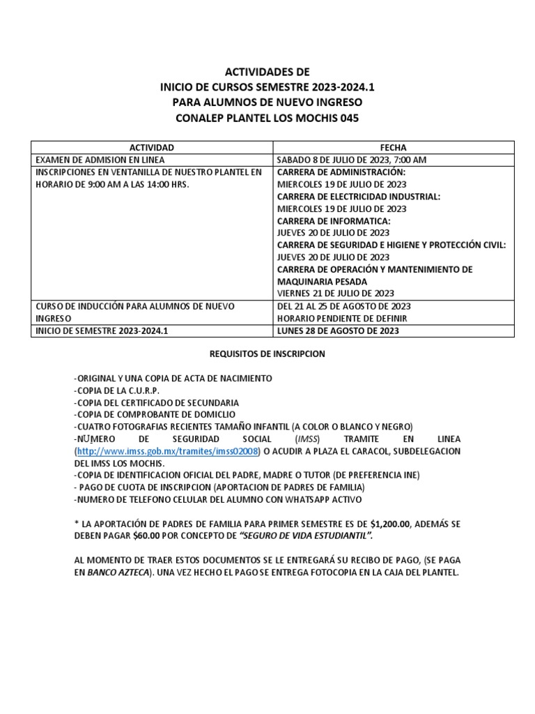 Actividades de Inicio de Cursos para Primer Semestre 2023-2024.1 | PDF