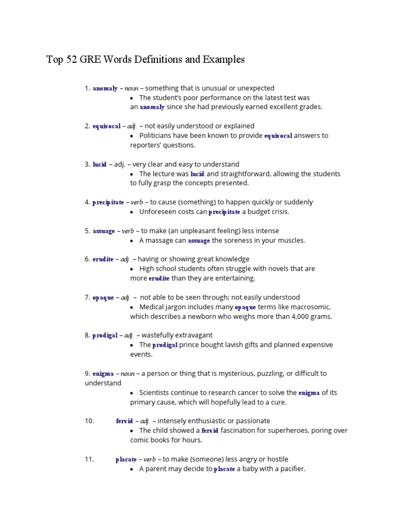 Top 52 GRE Words Definitions and Examples | PDF