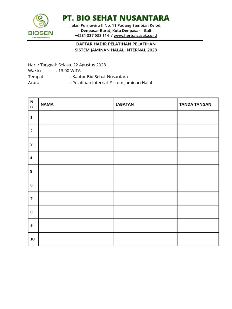 Daftar Hadir Pelatihan Internal | PDF