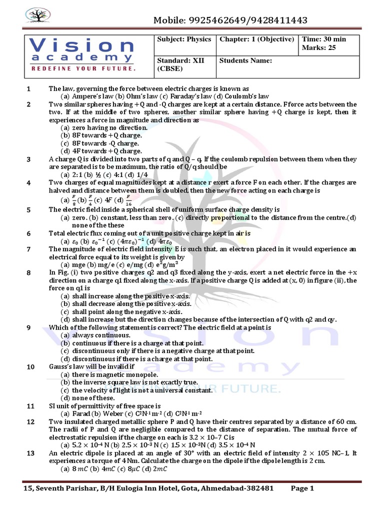Phy - Chapter 1 - Objective - Paper | PDF | Electric Charge | Electric Field