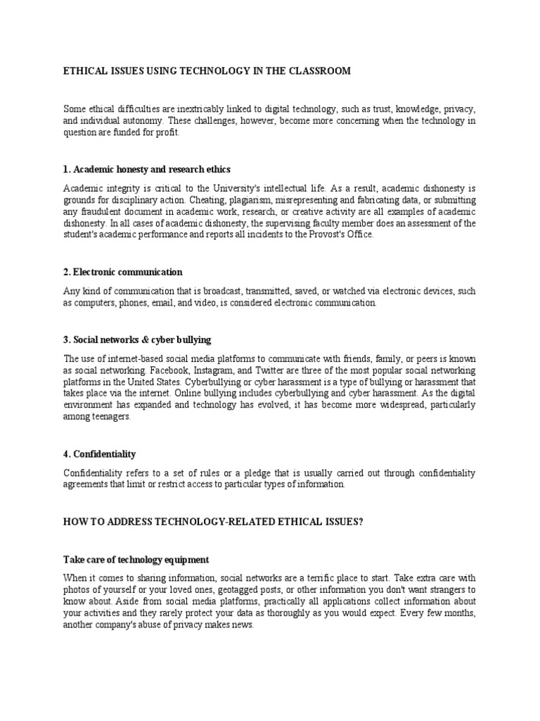 ETHICAL ISSUES USING TECHNOLOGY IN THE CLASSROOM (Written Report) | PDF ...