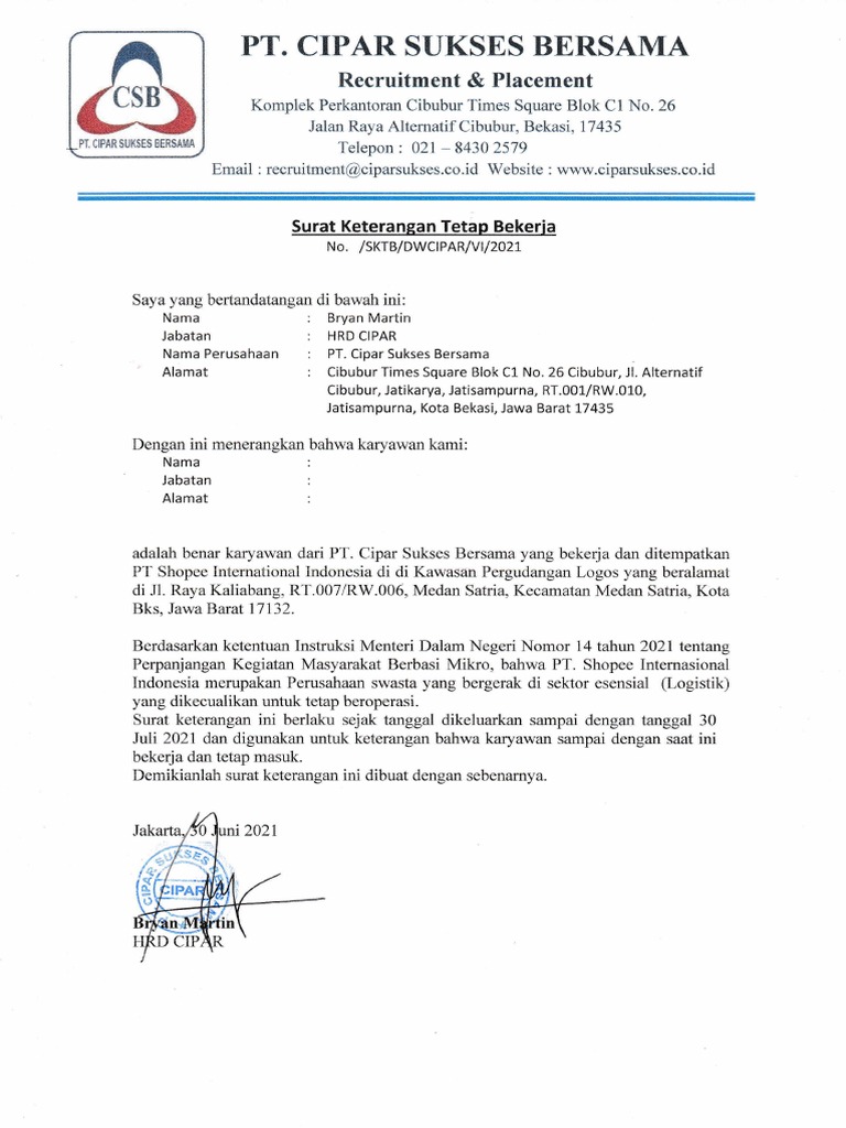 Surat Keterangan Karyawan PT Cipar | PDF