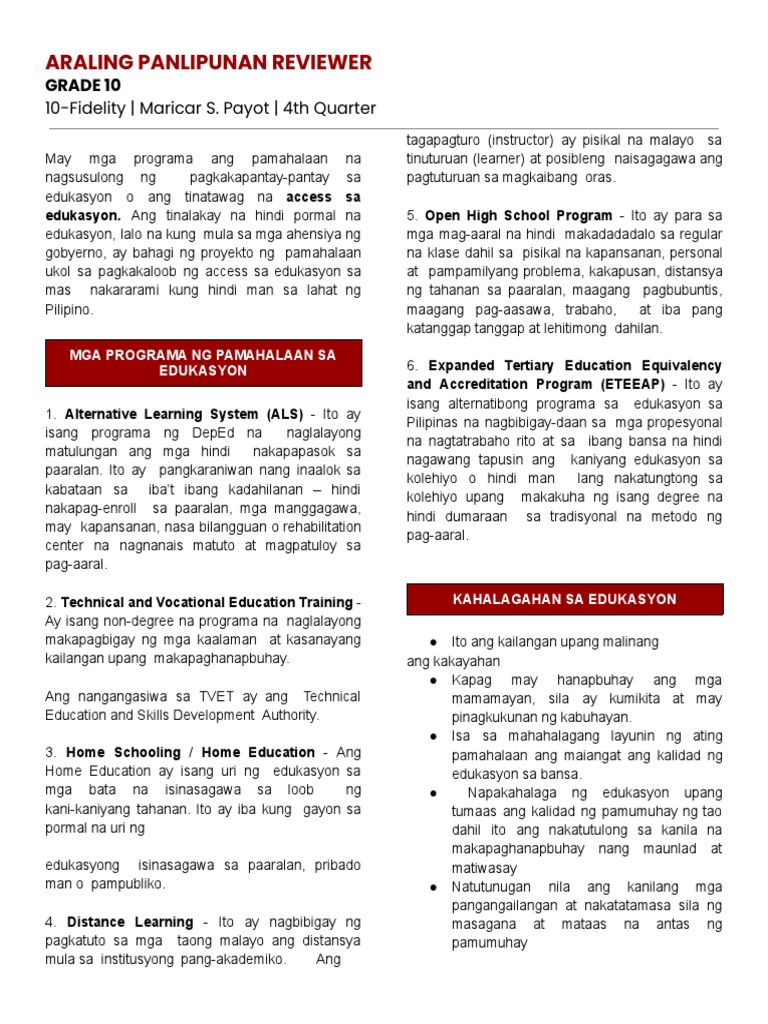 Ap Lectures Quarter 4 | PDF