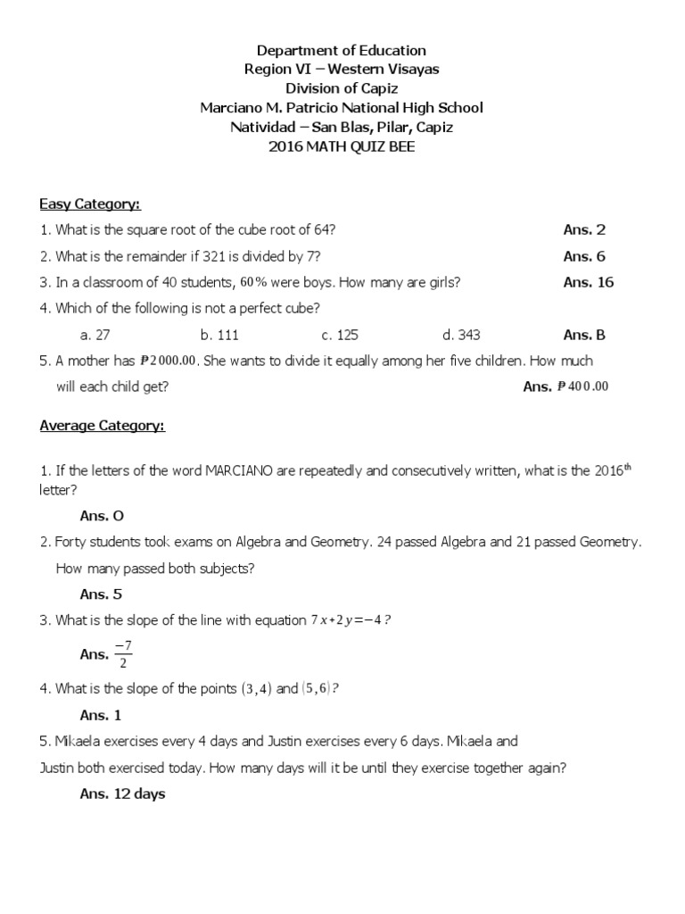 Math Quiz Bee 2016 | PDF | Elementary Mathematics | Mathematical Objects Math Quiz Bee 2016 | PDF | Elementary Mathematics | Mathematical Objects