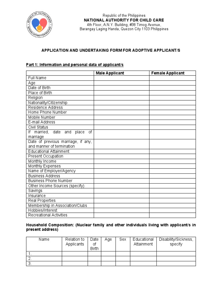 Application and Undertaking Form For Adoptive Parents | PDF