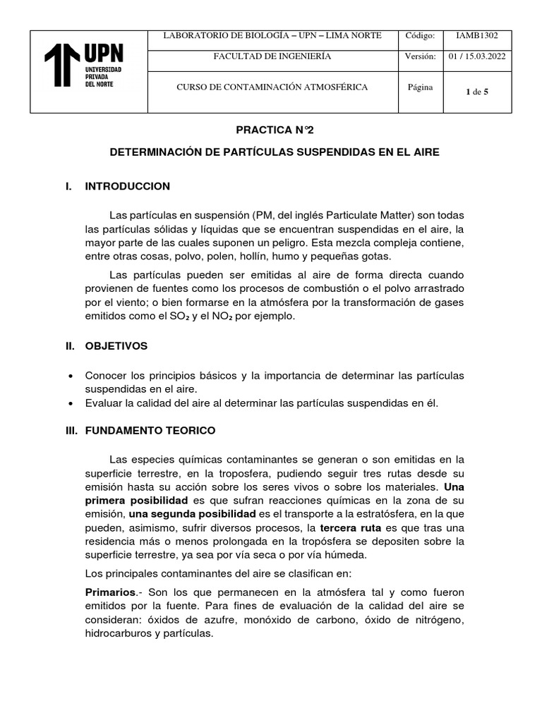 JP Pract. Lab 2 - Determinación de Partículas Suspendidas en El Aire | PDF