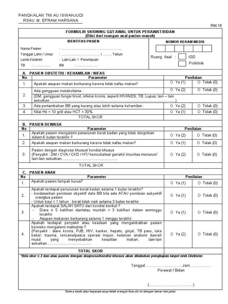 Formulir Skrining Gizi Pasien | PDF