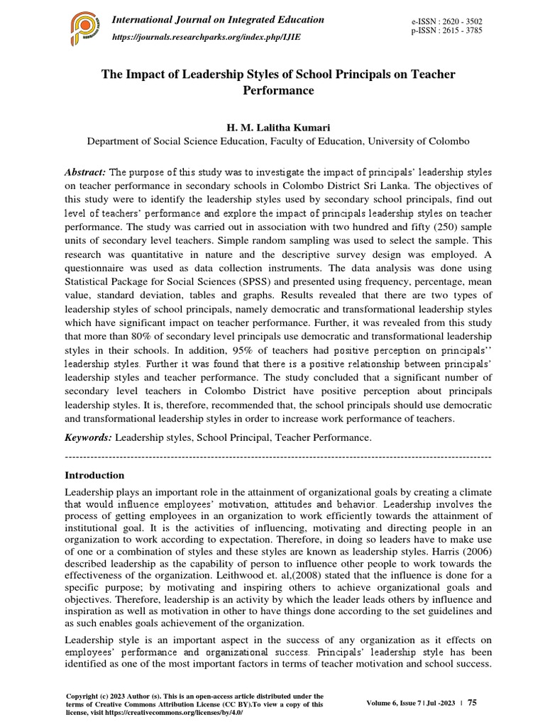 The Impact of Leadership Styles of School Principals On Teacher Performance | PDF