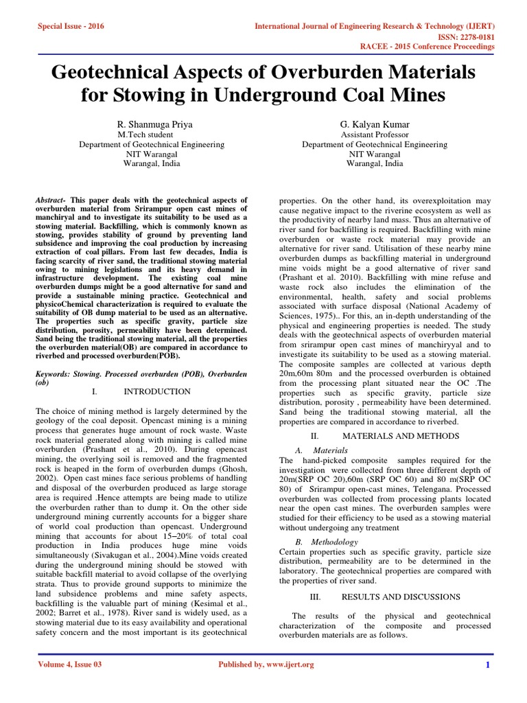 Geotechnical Aspects of Overburden Materials For Stowing in Underground Coal Mines ...