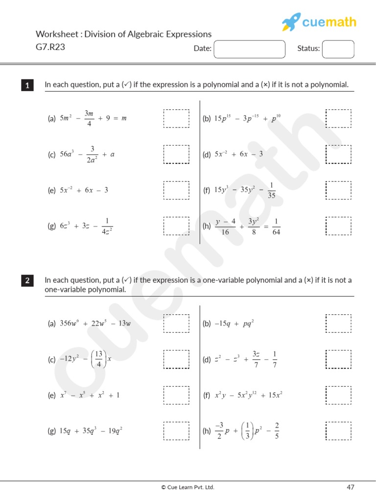 7th Grade Math Worksheet Division of Algebraic Expressions | PDF