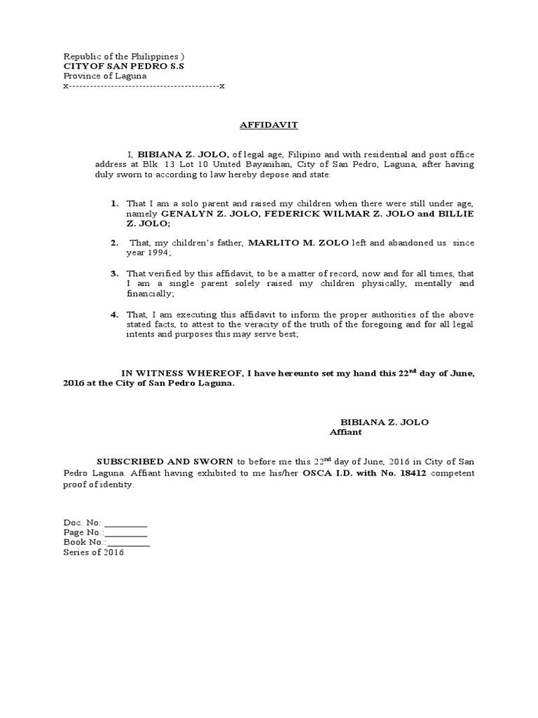 Affidavit of Solo Parent (Children) (Not Underage) | PDF Affidavit of Solo Parent (Children) (Not Underage) | PDF