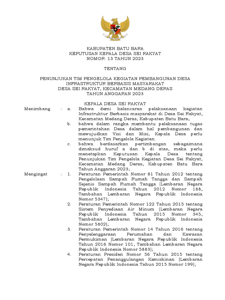 Penunjukan Tim Pengelola Desa Sei Rakyat | PDF