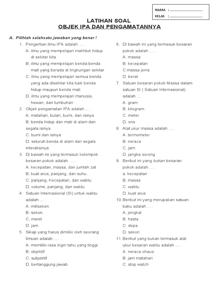 Latihan Soal Ipa 7 Objek Ipa | PDF