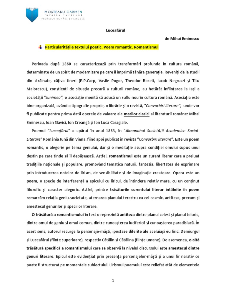 Luceafărul de Mihai Eminescu (Eseu) | PDF
