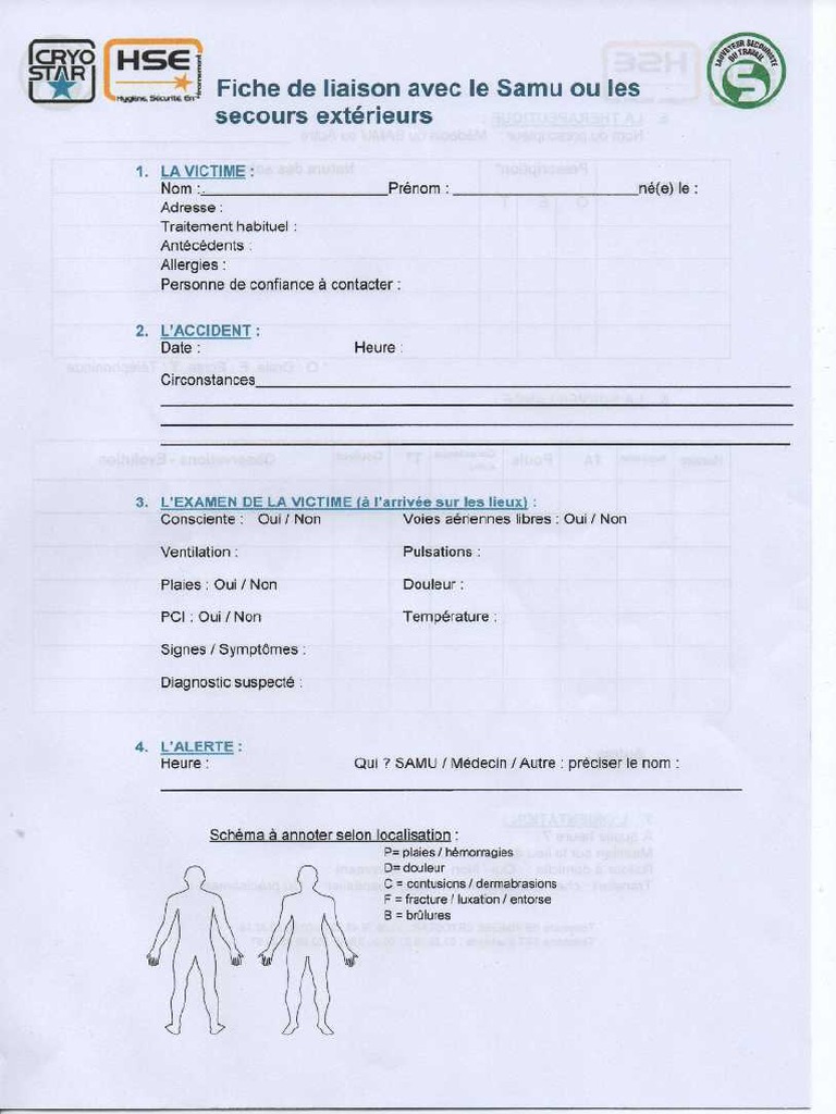 Fiche de Liaison Avec Le Samu Ou Les Secours Éxtérieur | PDF