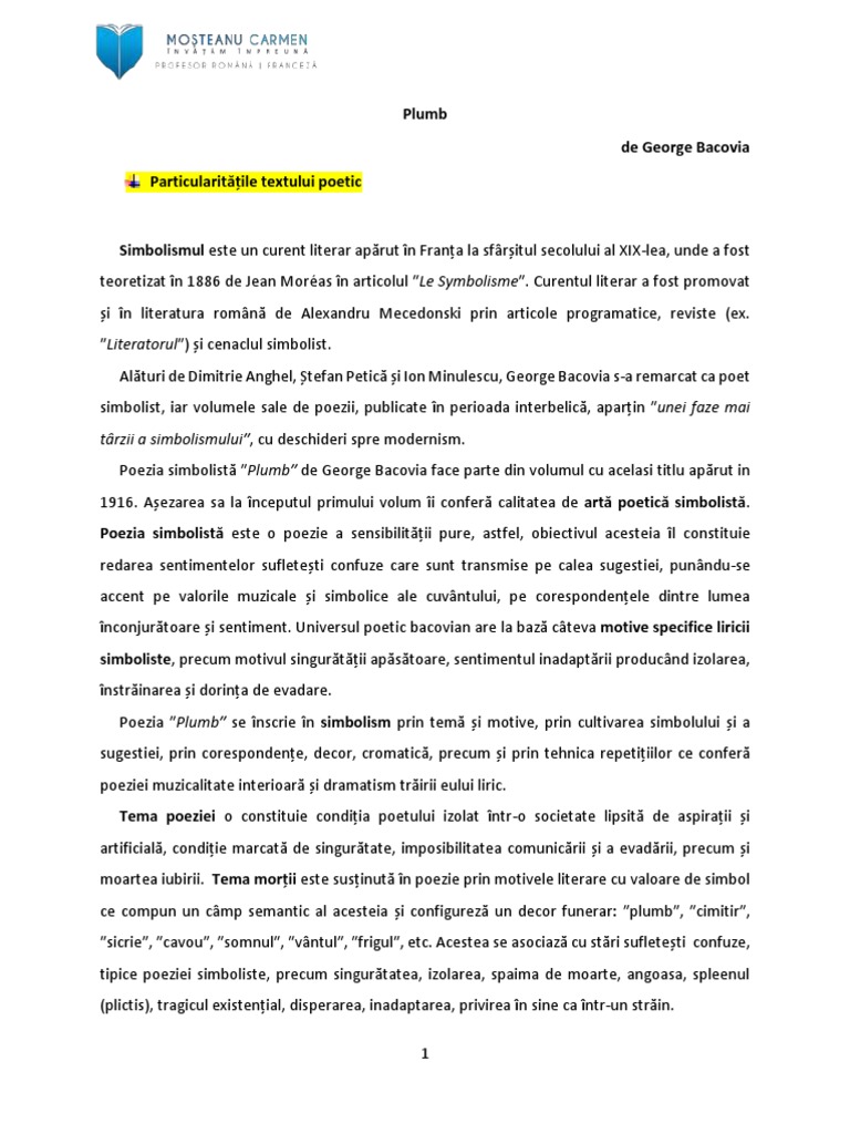 Plumb de George Bacovia (Eseu) | PDF
