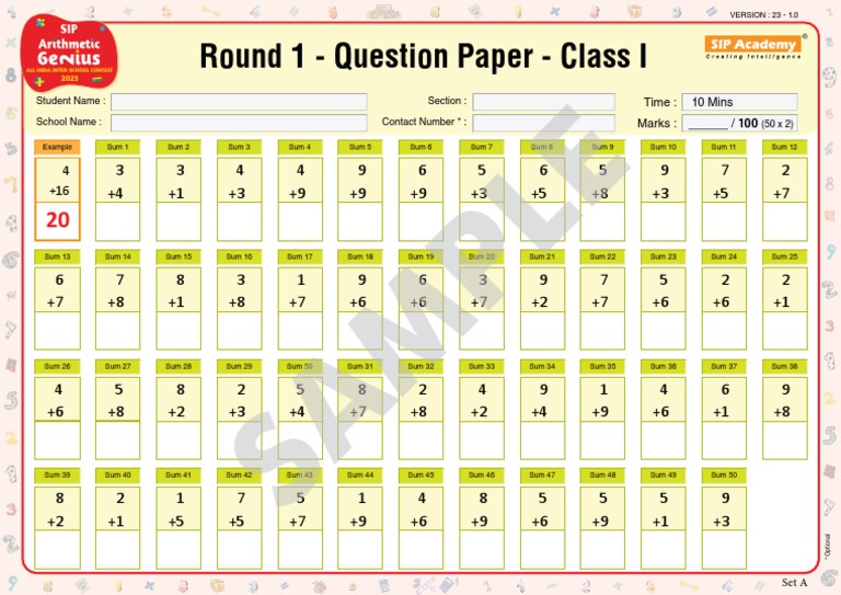 Round 1 - Question Paper - Class I: Sample | PDF
