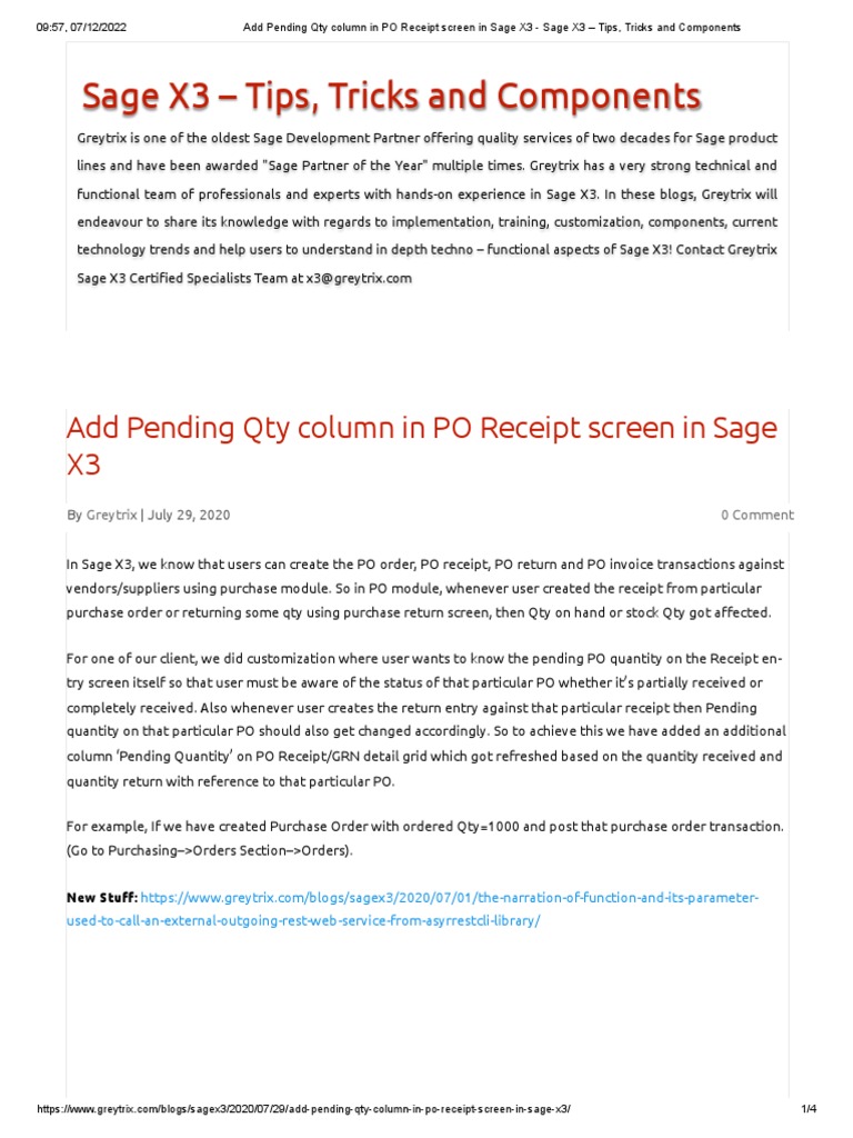 Add Pending Qty Column in PO Receipt Screen in Sage X3 - Sage X3 - Tips, Tricks and Components | PDF