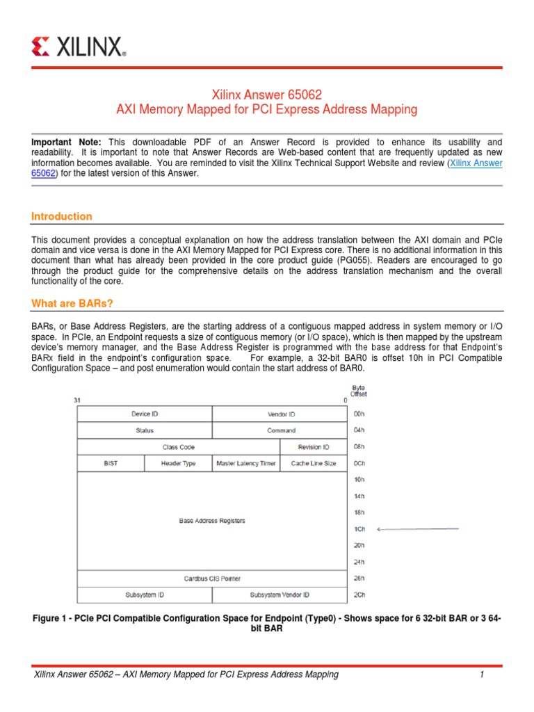 Xilinx Answer 65062 AXI PCIe Address Mapping | PDF | Computer Data | Manufactured Goods