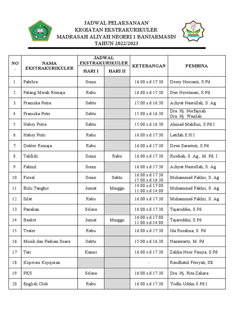 Jadwal Eskul 2022-2023 | PDF
