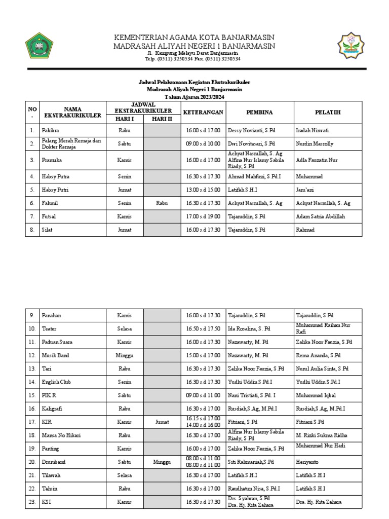 Jadwal Eskul 2023-2024 Revisi | PDF