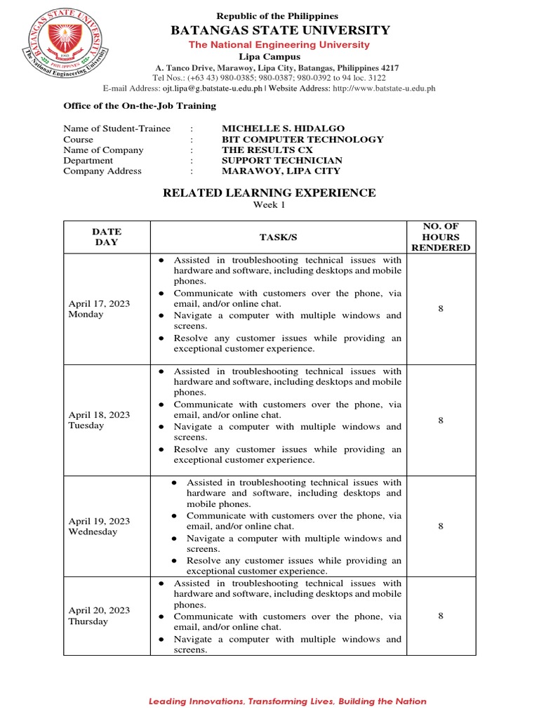 OJT Related Learning Experience in Batangas State University | PDF
