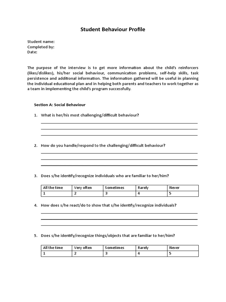 Student Behaviour Profile Form | PDF | Emotions | Anger