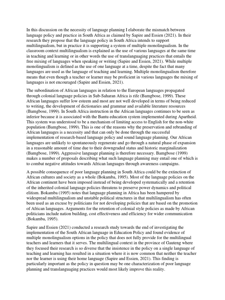 Mismatch Between Language Policy and Practice in South Africa | PDF ...