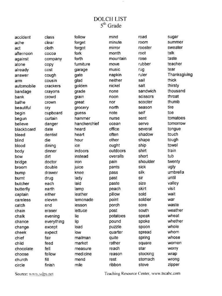 Fifth Grade Dolch Word List | PDF