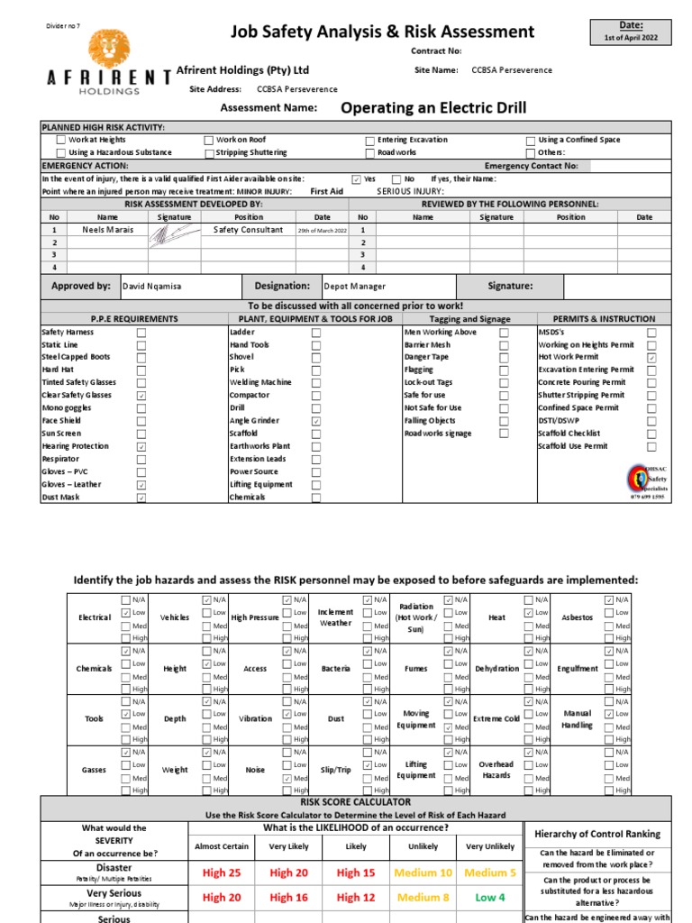 Job Safety Analysis & Risk Assessment: Operating An Electric Drill ...